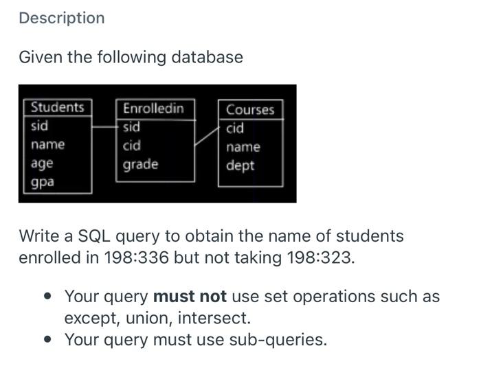 Solved Description Given the following database Students sid | Chegg.com
