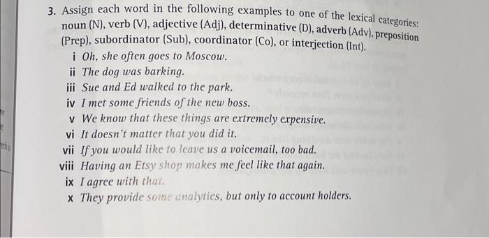 3. Assign each word in the following examples to one | Chegg.com