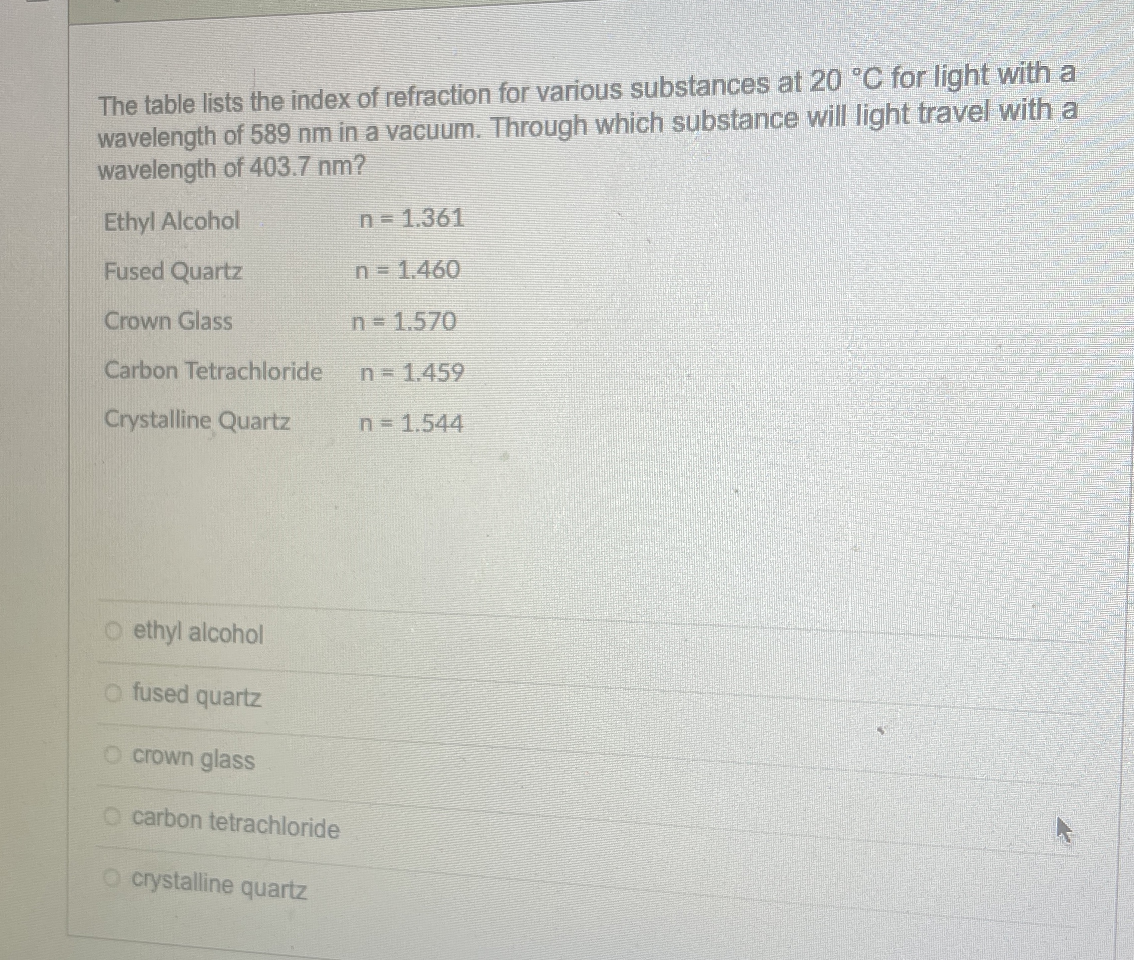 Solved The table lists the index of refraction for various | Chegg.com
