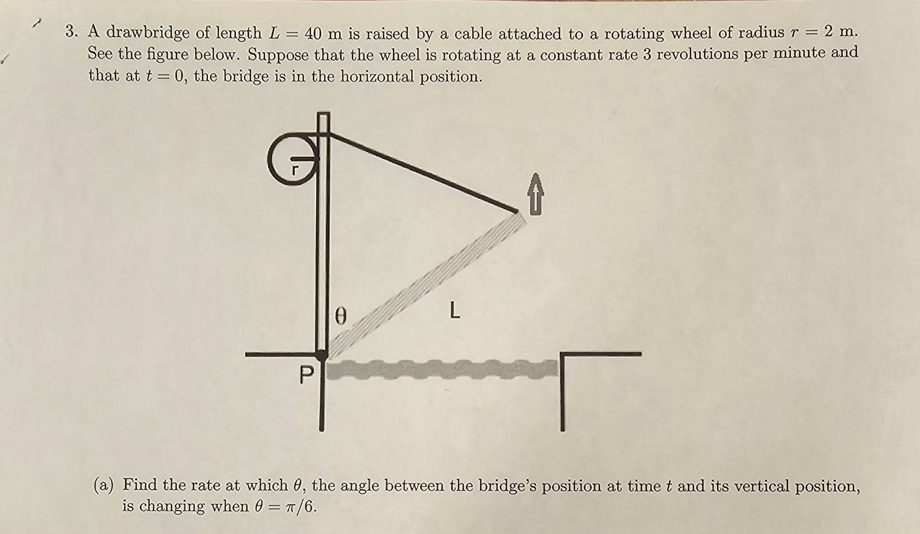 Solved 3. A drawbridge of length L=40 m is raised by a cable | Chegg.com