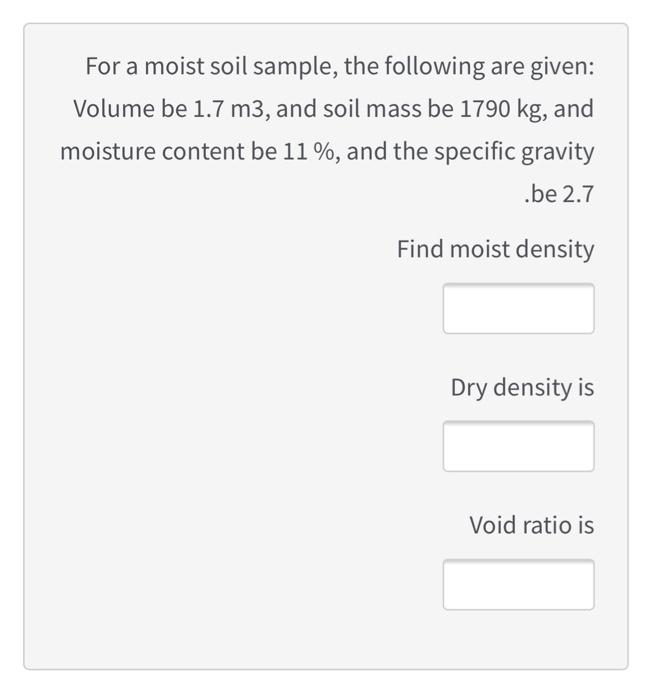 Solved For a moist soil sample, the following are given: | Chegg.com