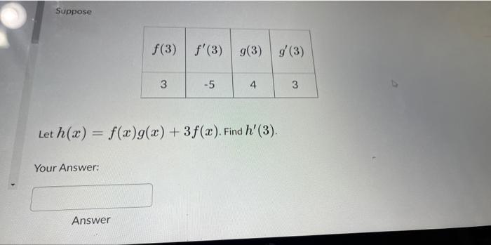 Solved Suppose Let h(x)=f(x)g(x)+3f(x) Your Answer: | Chegg.com