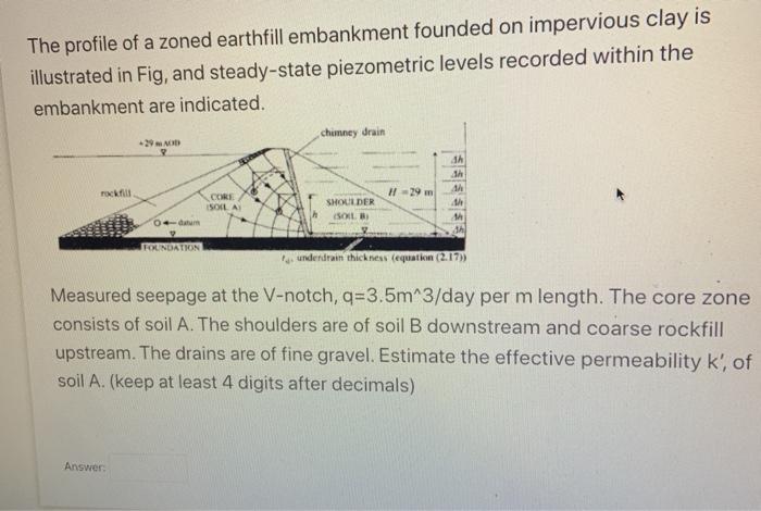Solved The profile of a zoned earthfill embankment founded | Chegg.com