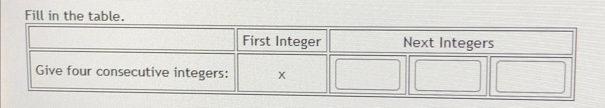 Solved Fill in the table.\table[[,First Integer,Next | Chegg.com