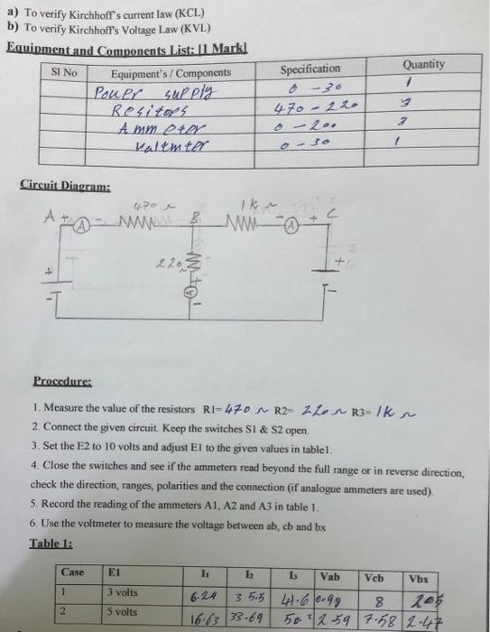 Solved Aim: a) To verify Kirchhoff's current law (KCL) b) To | Chegg.com