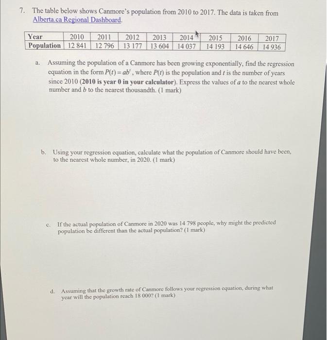 Solved 7. The table below shows Canmore's population from | Chegg.com