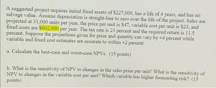 Solved A suggested project requires initial fixed assets of | Chegg.com