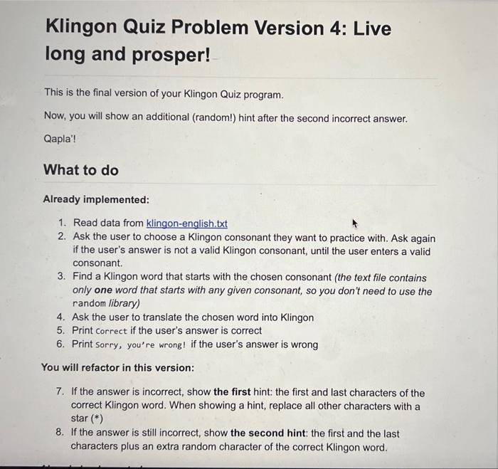 Solved Klingon Quiz Problem Version 4: Live long and | Chegg.com