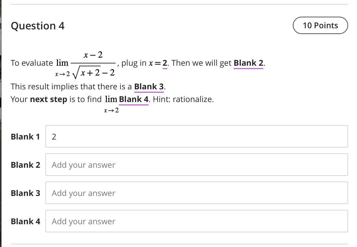 Solved Question 4To evaluate limx→2x-2x+22-2, ﻿plug in x=2?. | Chegg.com