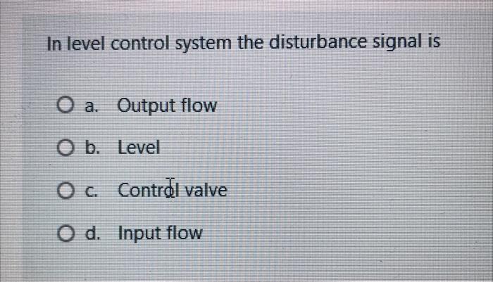 Solved In level control system the disturbance signal is a. | Chegg.com