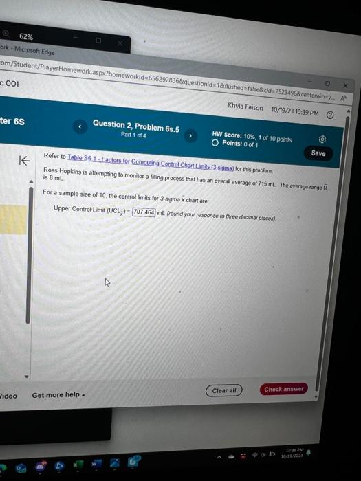 Solved is 8 mL. For a sample size of 10, the control limits | Chegg.com