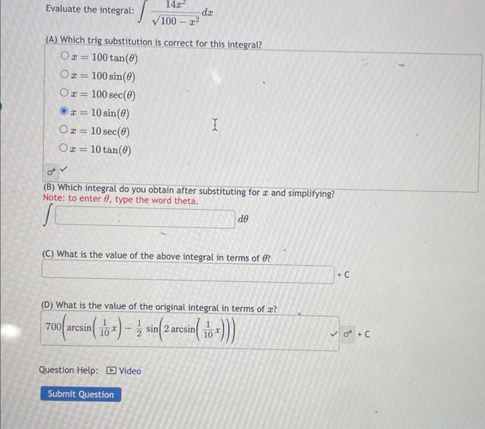 Solved Evaluate the integral: ∫100−x214x2dx (A) Which trig | Chegg.com