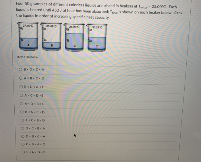 Solved Four 50.g samples of different colorless liquids are | Chegg.com