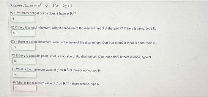 Solved Suppose f(x,y)=x2+y2−10x−2y+1 (A) How many critical | Chegg.com