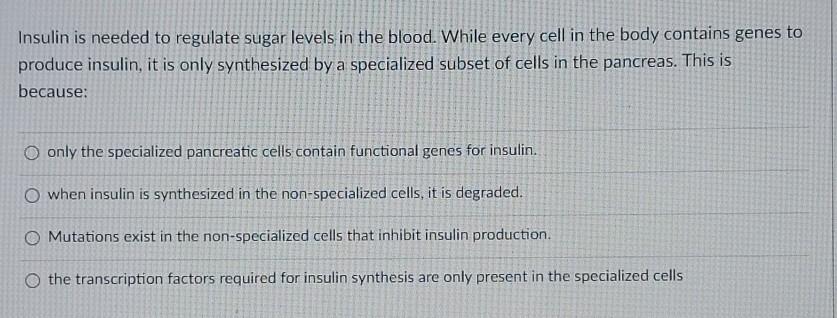 Solved Insulin is needed to regulate sugar levels in the | Chegg.com