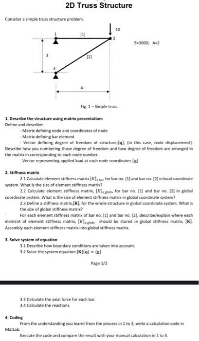 Solved 2D Truss Structure 10 Consider a simple truss | Chegg.com