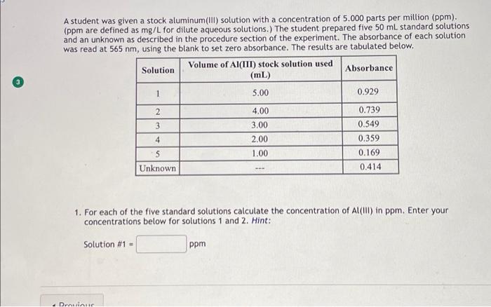 Solved 3 A student was given a stock aluminum (III) solution | Chegg.com