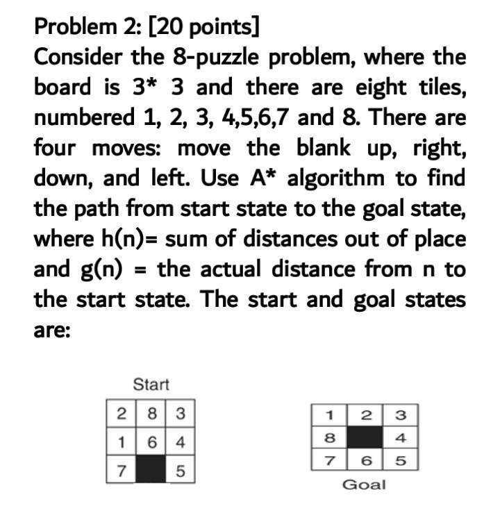 Solved Problem 2: (20 points] Consider the 8-puzzle problem, | Chegg.com