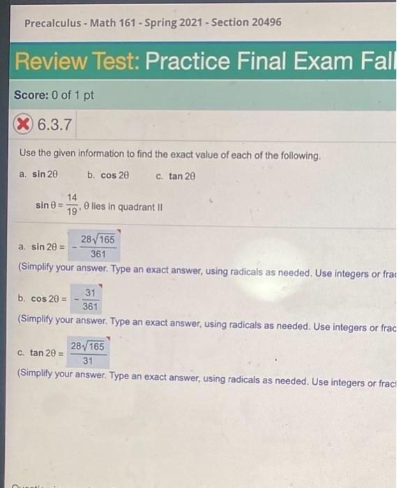 Solved Precalculus - Math 161 - Spring 2021 - Section 20496 | Chegg.com