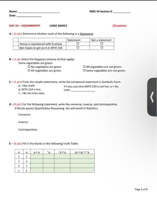Name: Date: DAY 24-ASSIGNMENTS A-(2 pts) Determine | Chegg.com