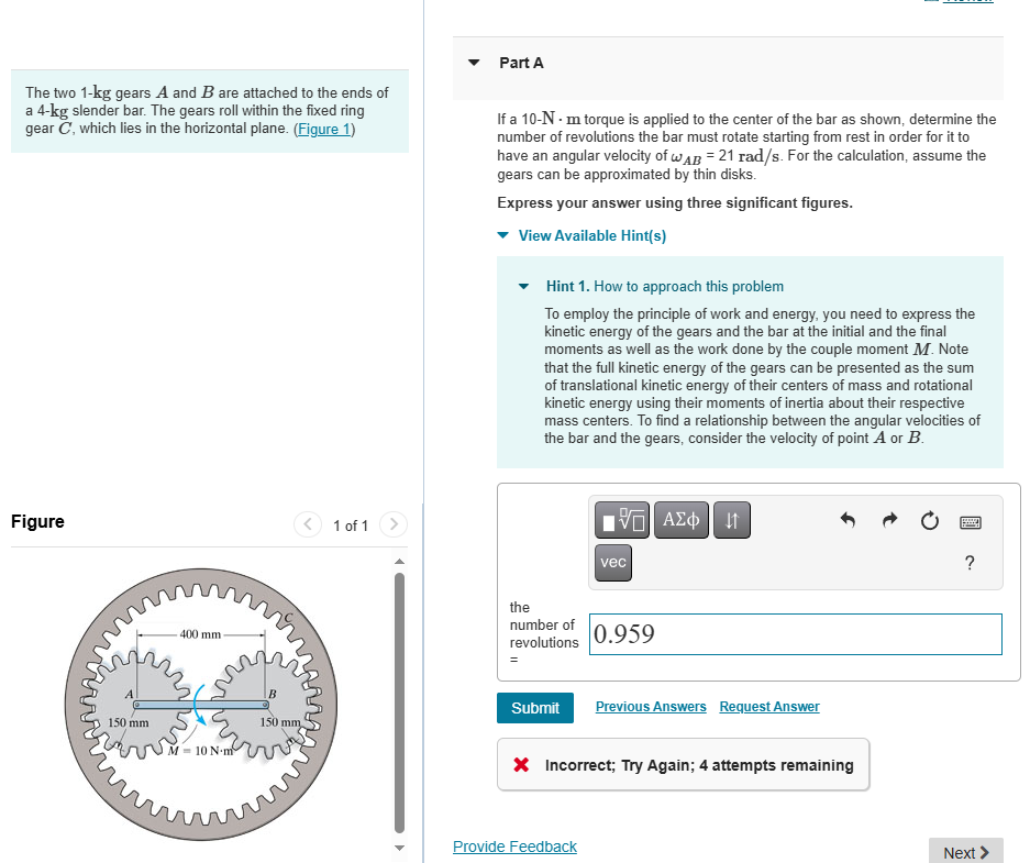 Solved The two 1-kg ﻿gears A and B ﻿are attached to the ends | Chegg.com