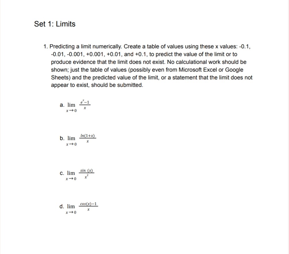 Solved Set 1: LimitsPredicting a limit numerically. Create a | Chegg.com