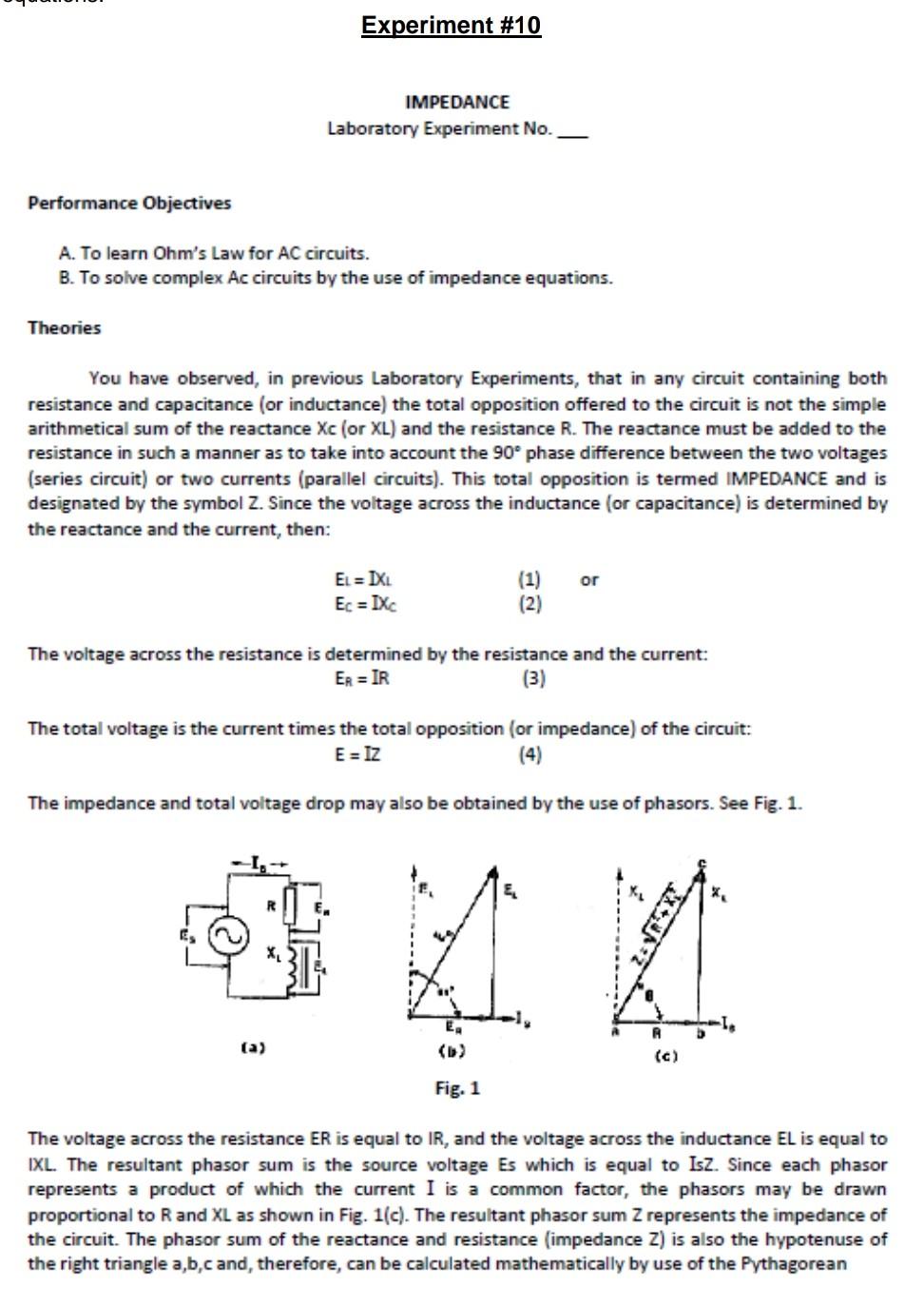 Experiment #10 IMPEDANCE Laboratory Experiment No. | Chegg.com