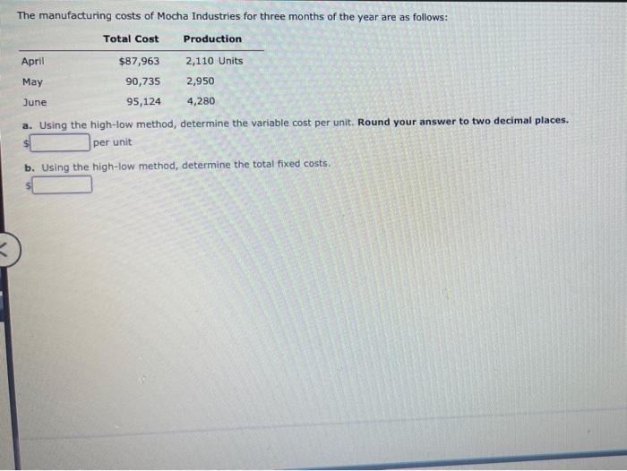 Solved The manufacturing costs of Mocha Industries for three | Chegg.com