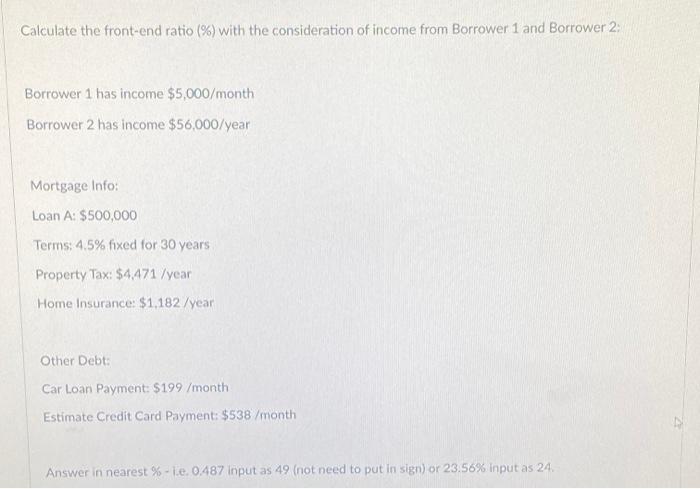 Calculate the front-end ratio (%) with the | Chegg.com