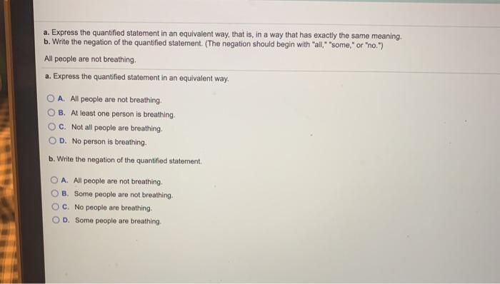 Solved a. Express the quantified statement in an equivalent | Chegg.com