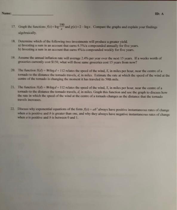 Solved 17. Giraph the functions f(x)=logx100 and | Chegg.com