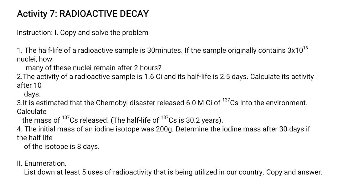 Solved Activity 7: RADIOACTIVE DECAY Instruction: 1. Copy | Chegg.com
