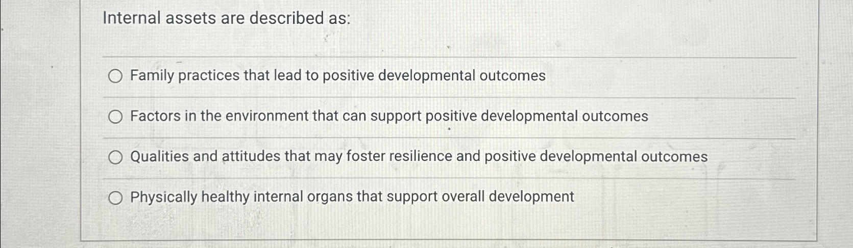 Solved Internal assets are described as:Family practices | Chegg.com