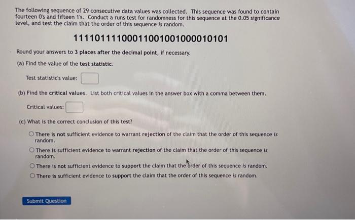 Solved The following sequence of 29 consecutive data values | Chegg.com