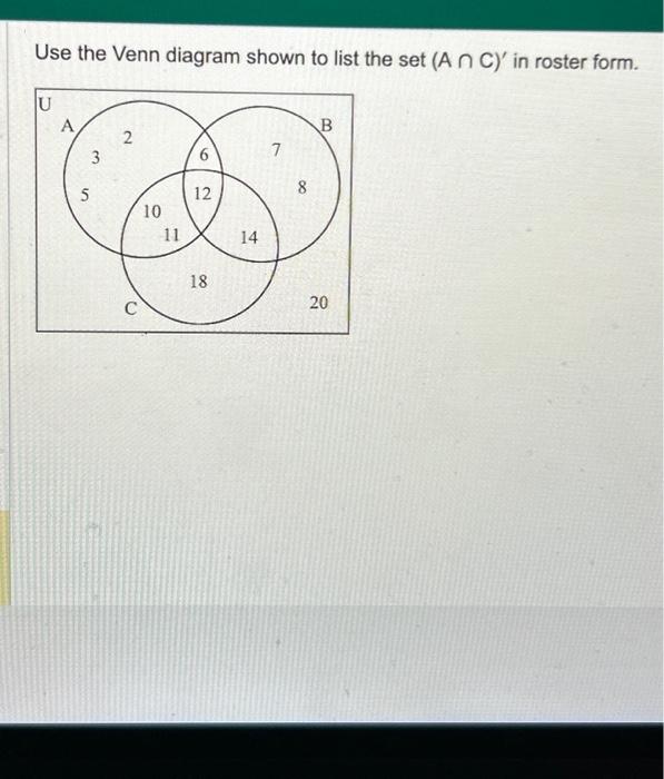 Solved Use the Venn diagram shown to list the set (An C)' in | Chegg.com
