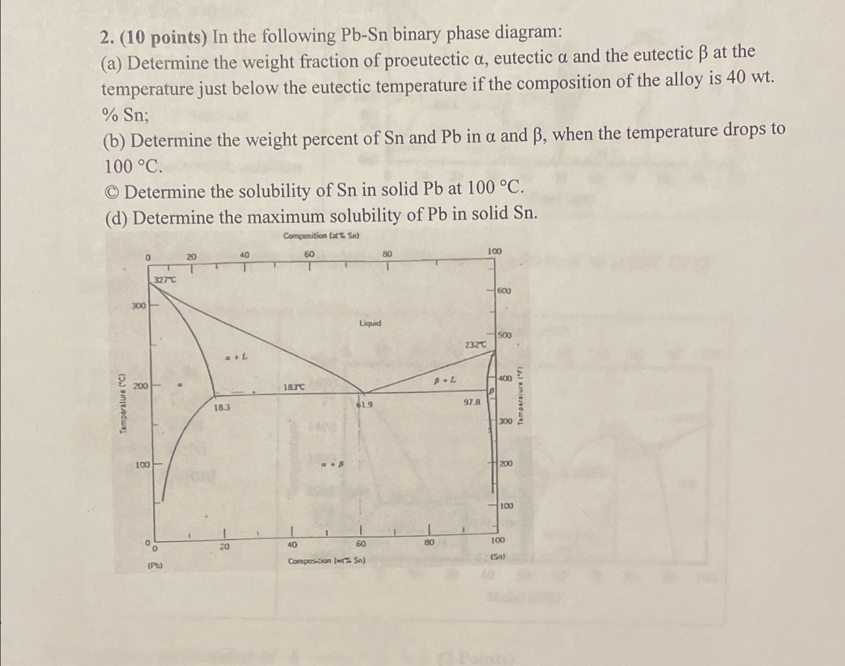 Solved (10 ﻿points) ﻿In the following Pb-Sn ﻿binary phase | Chegg.com