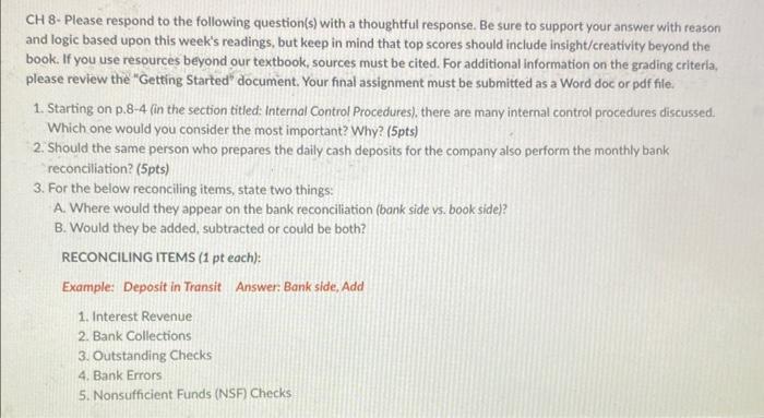 Solved CH 8- Please respond to the following question(s) | Chegg.com