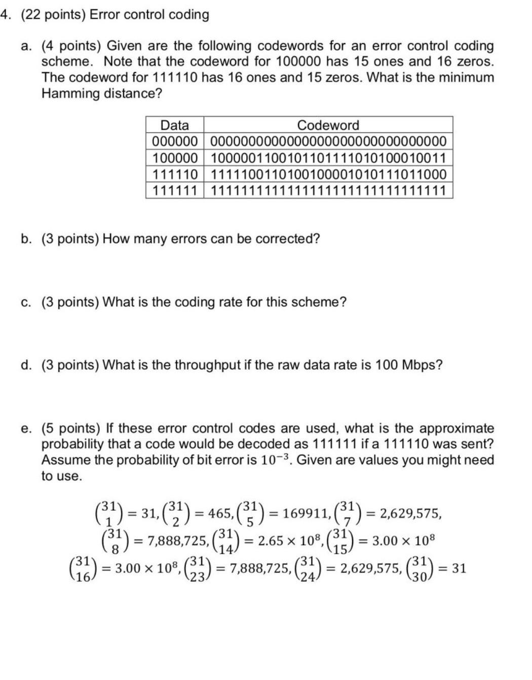 Solved 4. (22 points) Error control coding a. (4 points) | Chegg.com