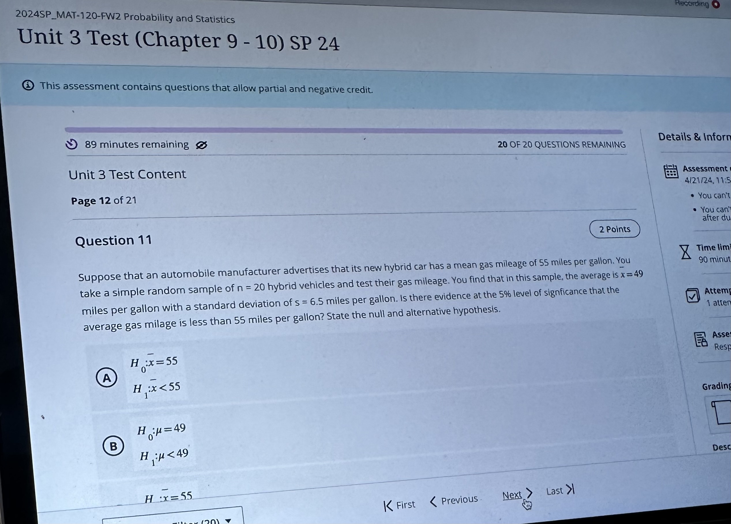 Solved Unit 3 ﻿Test ContentPage 12 ﻿of 21Question 11Suppose | Chegg.com