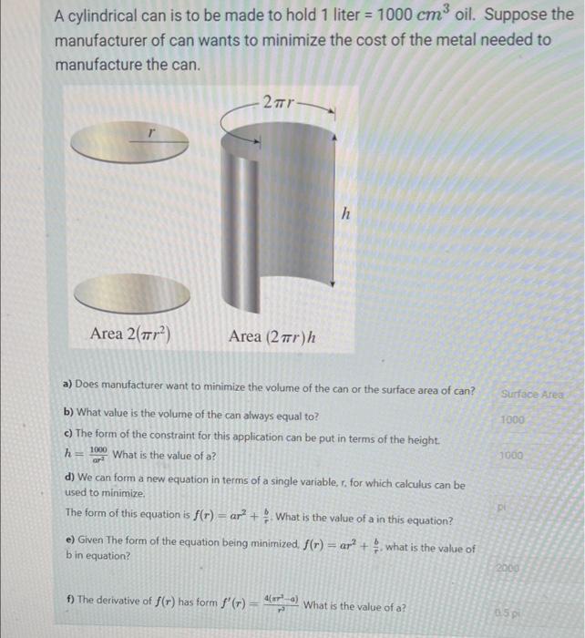 A cylindrical can is to be made to hold 1 liter =1000 | Chegg.com