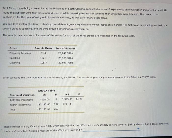 Solved Amit Almor, a psychology researcher at the University | Chegg.com