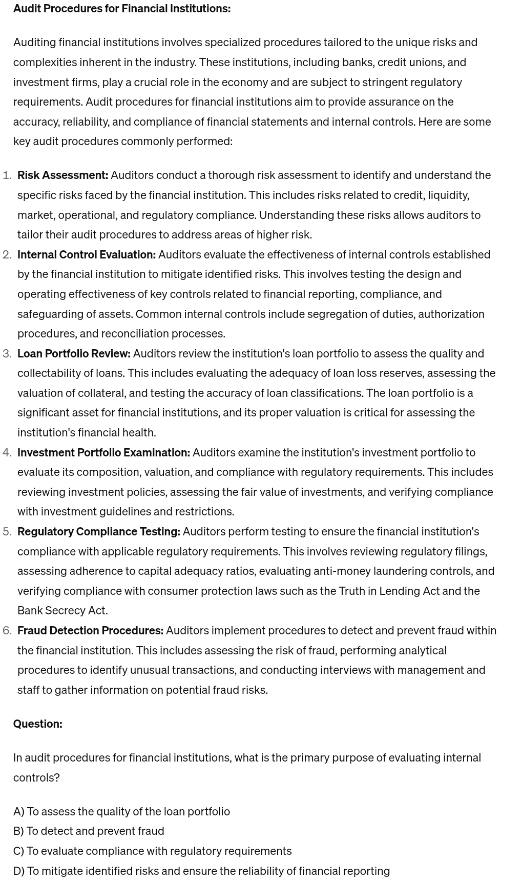 Solved Audit Procedures for Financial Institutions:Auditing | Chegg.com