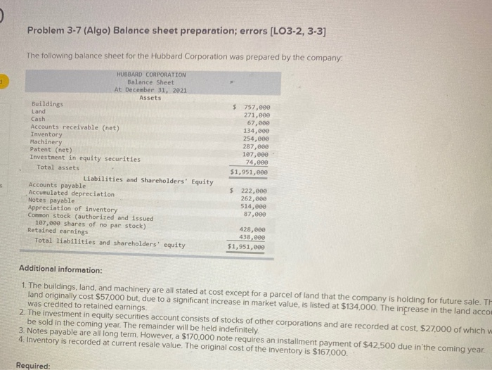 Problem 3-7 (Algo) Balance sheet preparation; errors | Chegg.com