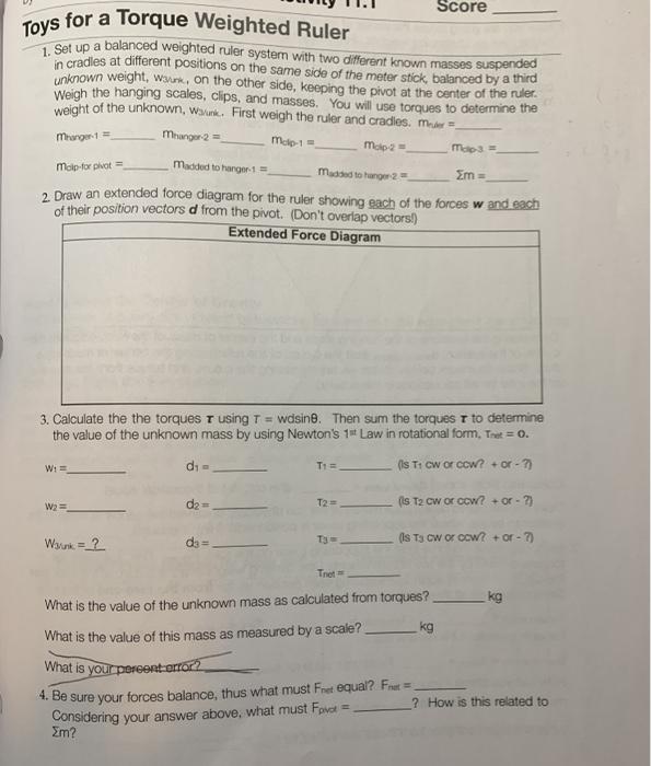 Score Toys for a Torque Weighted Ruler 1. Set up a | Chegg.com