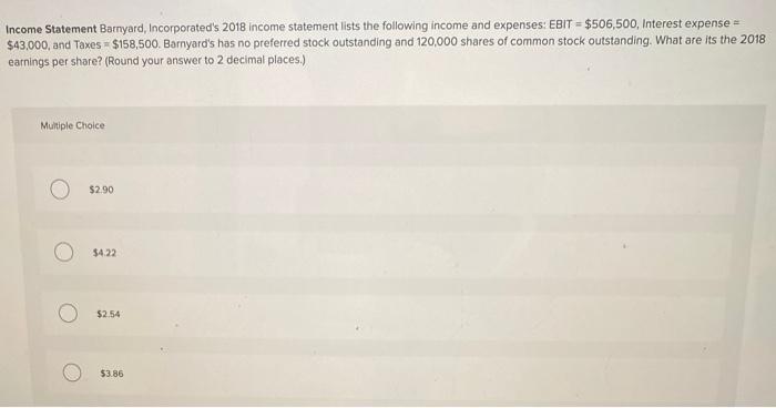 Solved Income Statement Barnyard, Incorporated's 2018 Income | Chegg.com