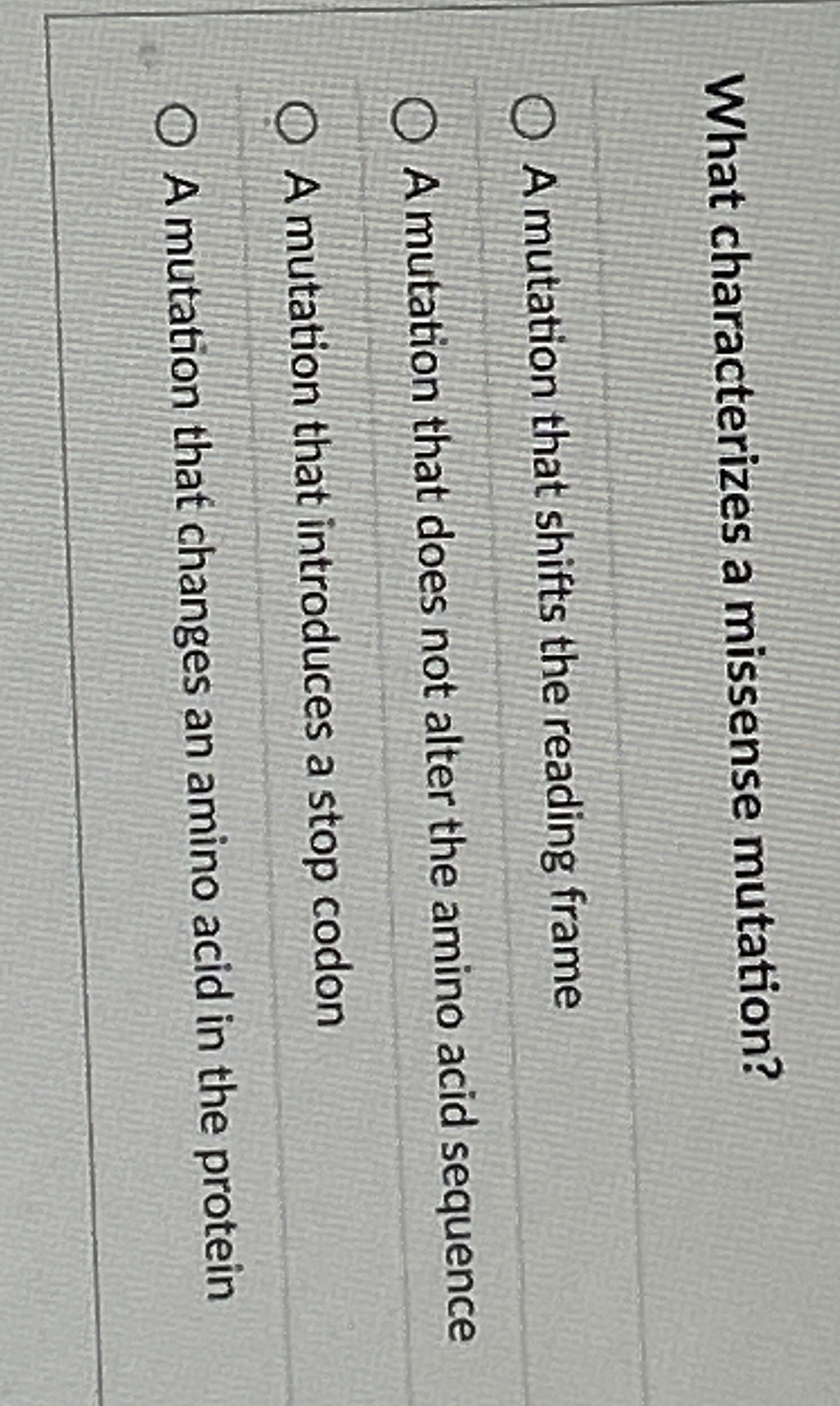 Solved What characterizes a missense mutation?A mutation | Chegg.com