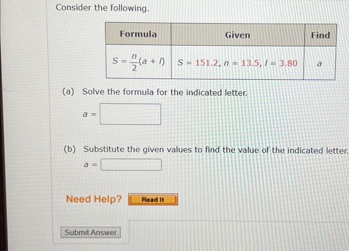 Solved Consider the following. (a) Solve the formula for the | Chegg.com