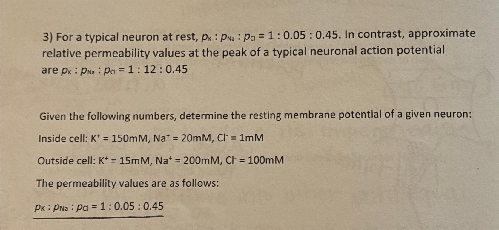 Solved For a typical neuron at rest, pk:pNa:pCl=1:0.05:0.45. | Chegg.com