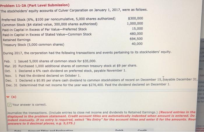 Solved Problem 11-2A (Part Level Submission) The | Chegg.com