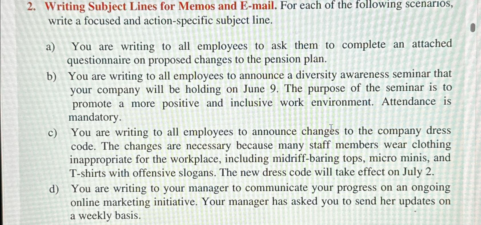 Solved Writing Subject Lines for Memos and E-mail. For each | Chegg.com